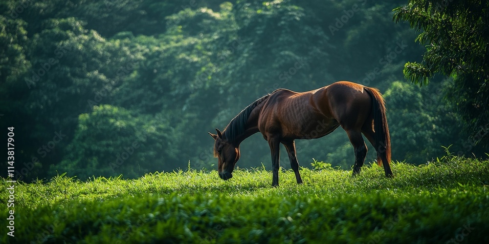 Telephoto image of a mare grazing on lush grass, with a backdrop of ...