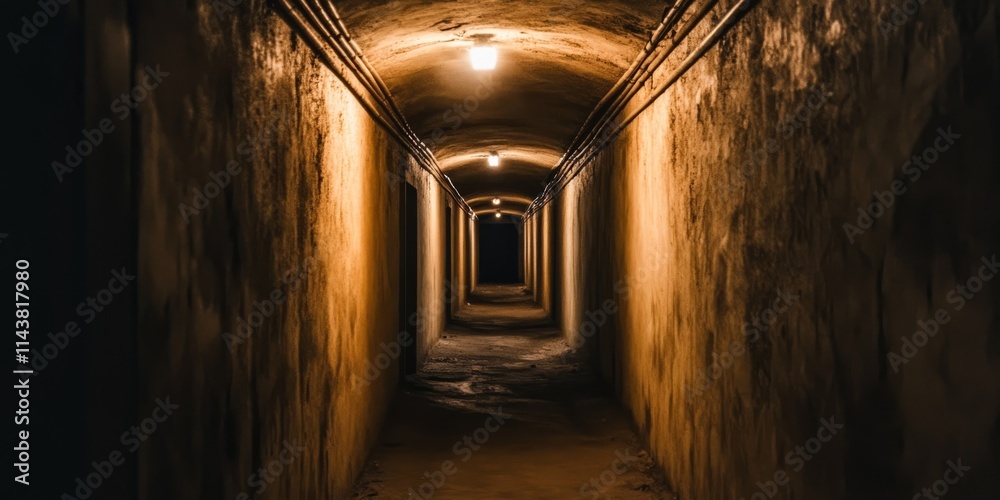 Dimly lit corridor within an old underground military bunker ...