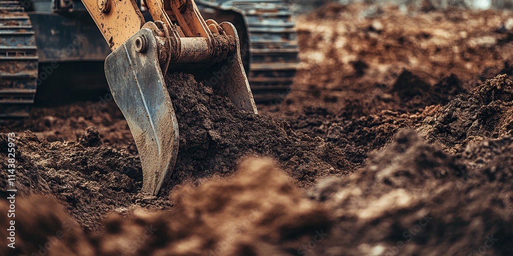 Backhoe excavating soil at a construction site, with a dirt bucket ...