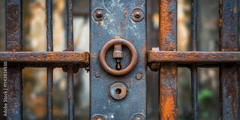 Old iron gate featuring a secure lock. Sturdy locked sheet metal doors ...