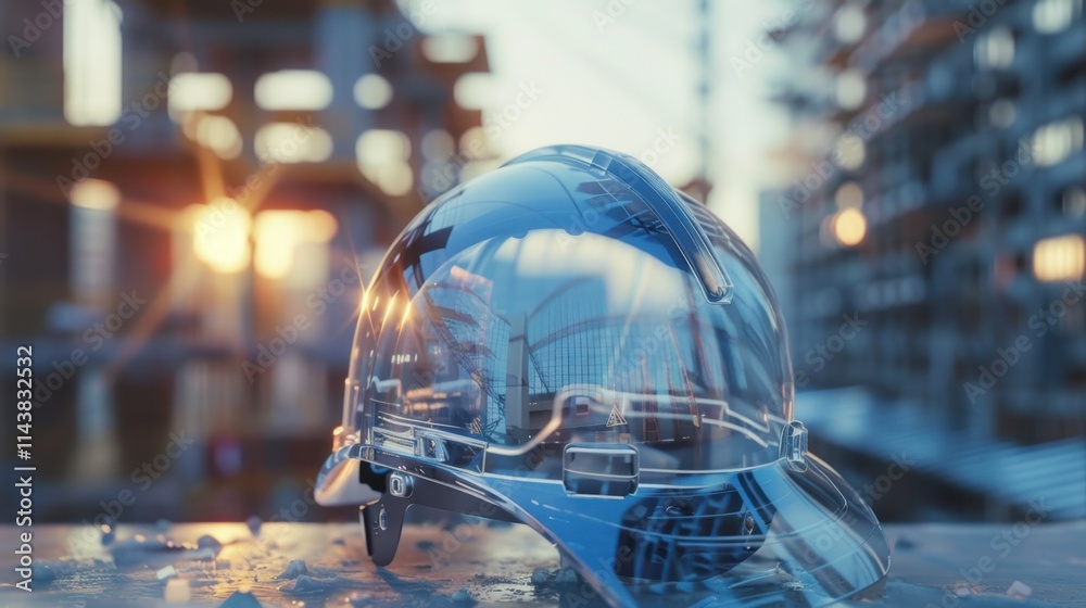 Transparent safety helmet on urban construction background, medium shot ...