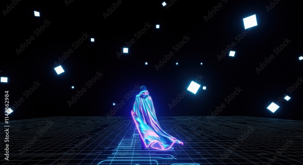 Futuristic cloaked figure in neon digital landscape with floating cubes ...
