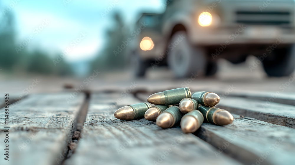 A pile of six green bullets sits on a wooden pallet. The scene is set ...