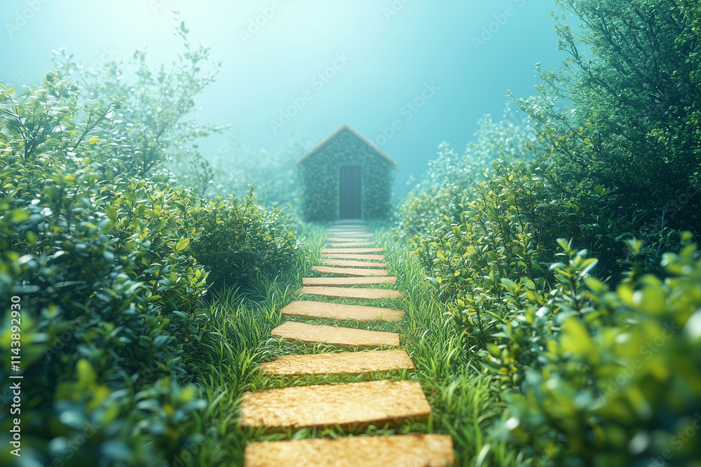 Path Paved with Golden Bricks Leading to Modern House with Greenery on ...
