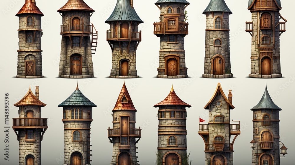 Set of elf tower icons. Vector illustration isolated on white ...