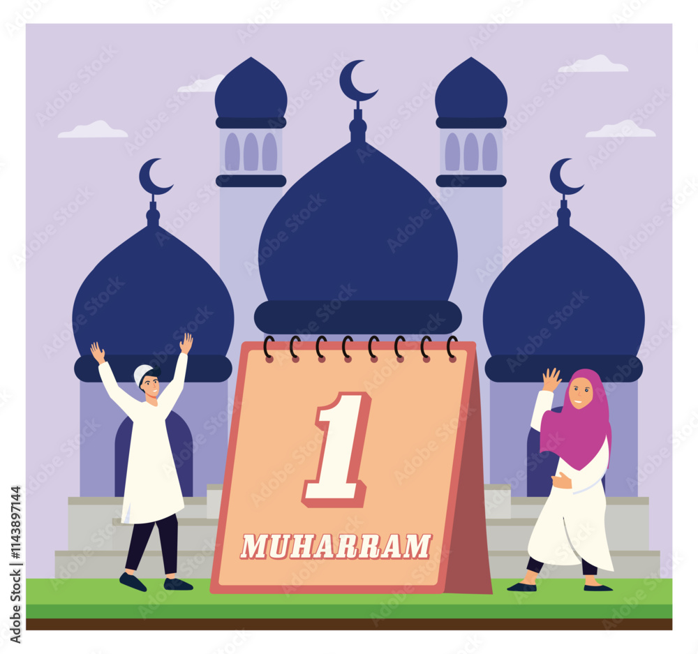 Muslim family celebrating Islamic new year Calendar and Mosque ...
