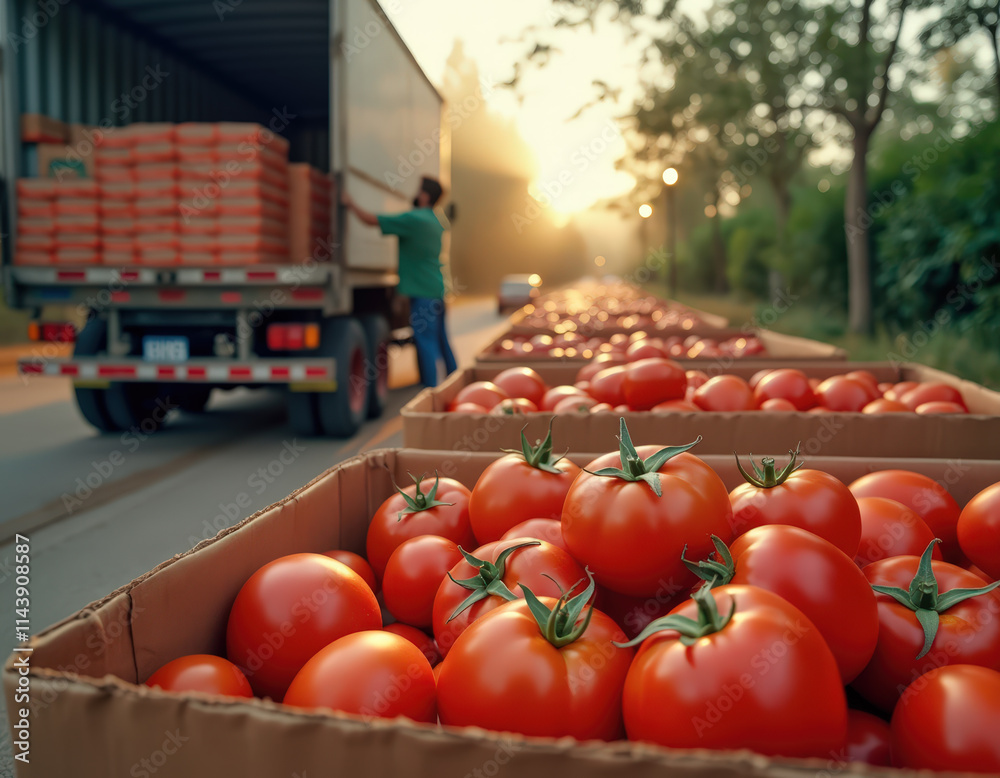 Cajas llenas de tomates rojos listas para cargar en un camión al ...