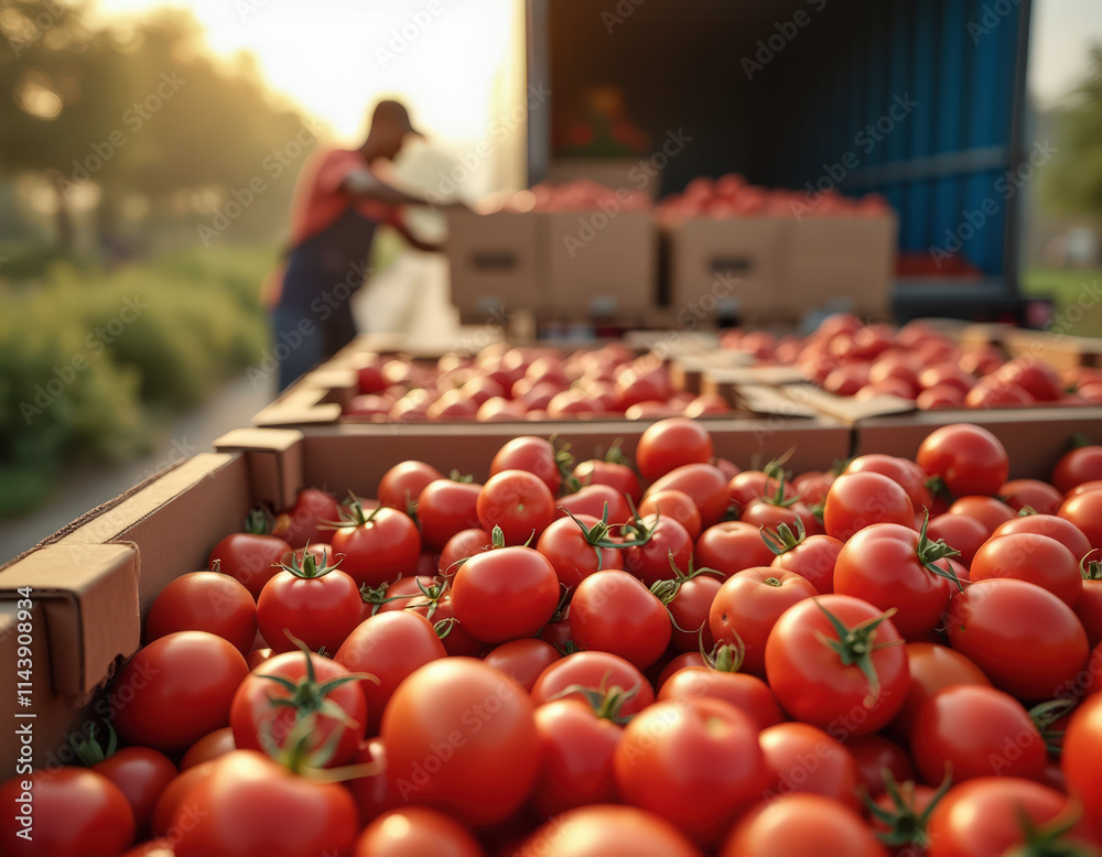 Cajas llenas de tomates rojos frescos siendo cargadas en un camión al ...