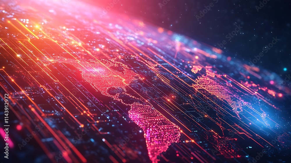 Global network connection, digital world map with glowing lines and nodes. Stock Illustration ...