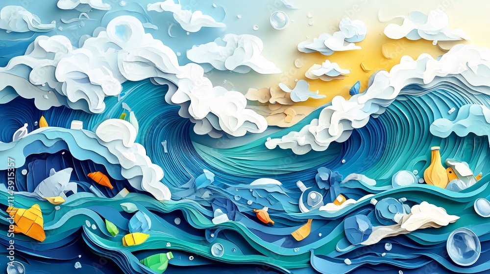 Vibrant 3D depiction of ocean waves filled with plastic waste ...