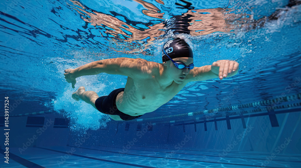 Professional swimmer diving into a clear blue pool, wearing a black ...