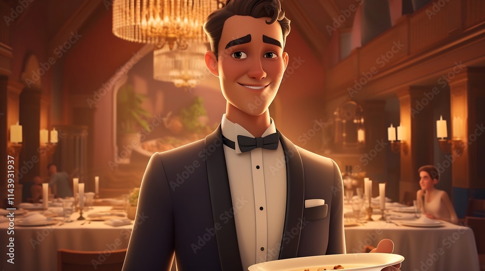 Cartoon 3D Waiter Serving Elegant Gourmet Meal at Fancy Restaurant with ...