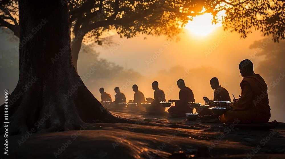 Thai Buddhist Monks Receiving Alms from Devotees in a Peaceful Temple ...