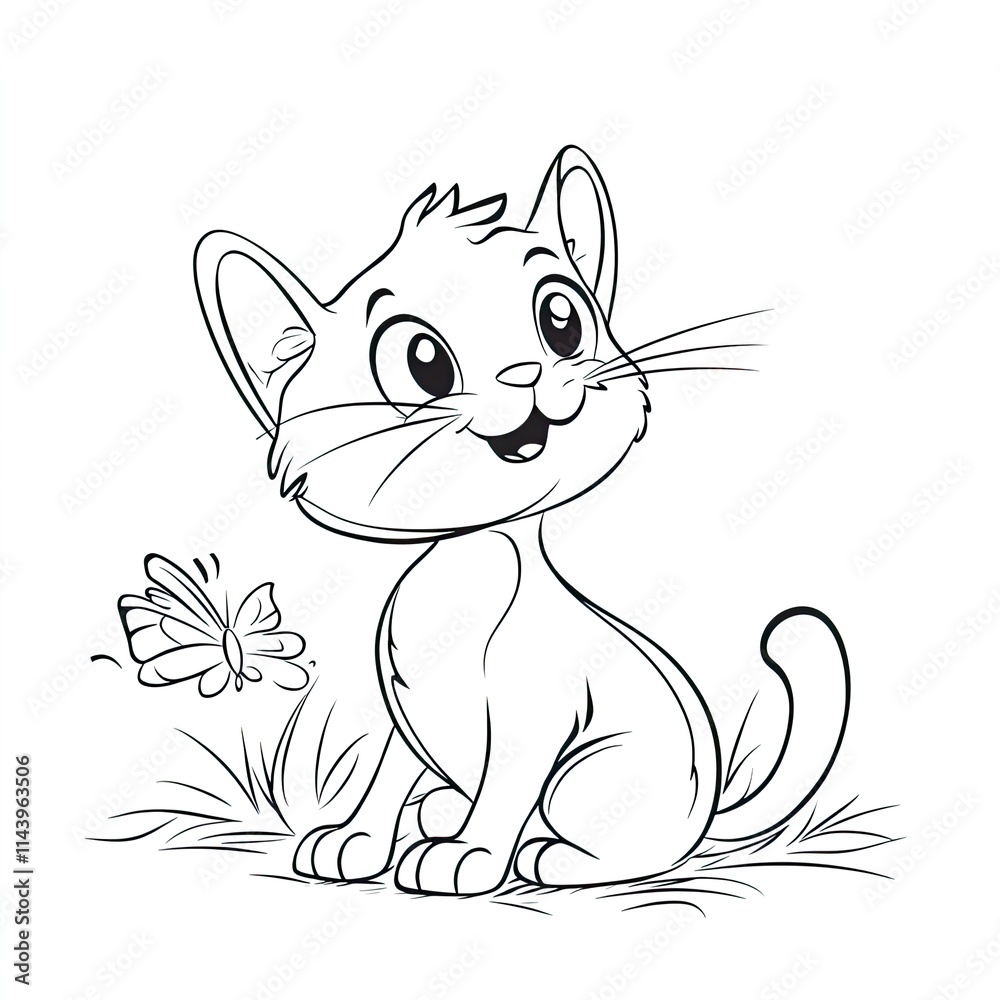 Simple Cat and Butterfly Coloring Page for Kids: Easy Printable ...