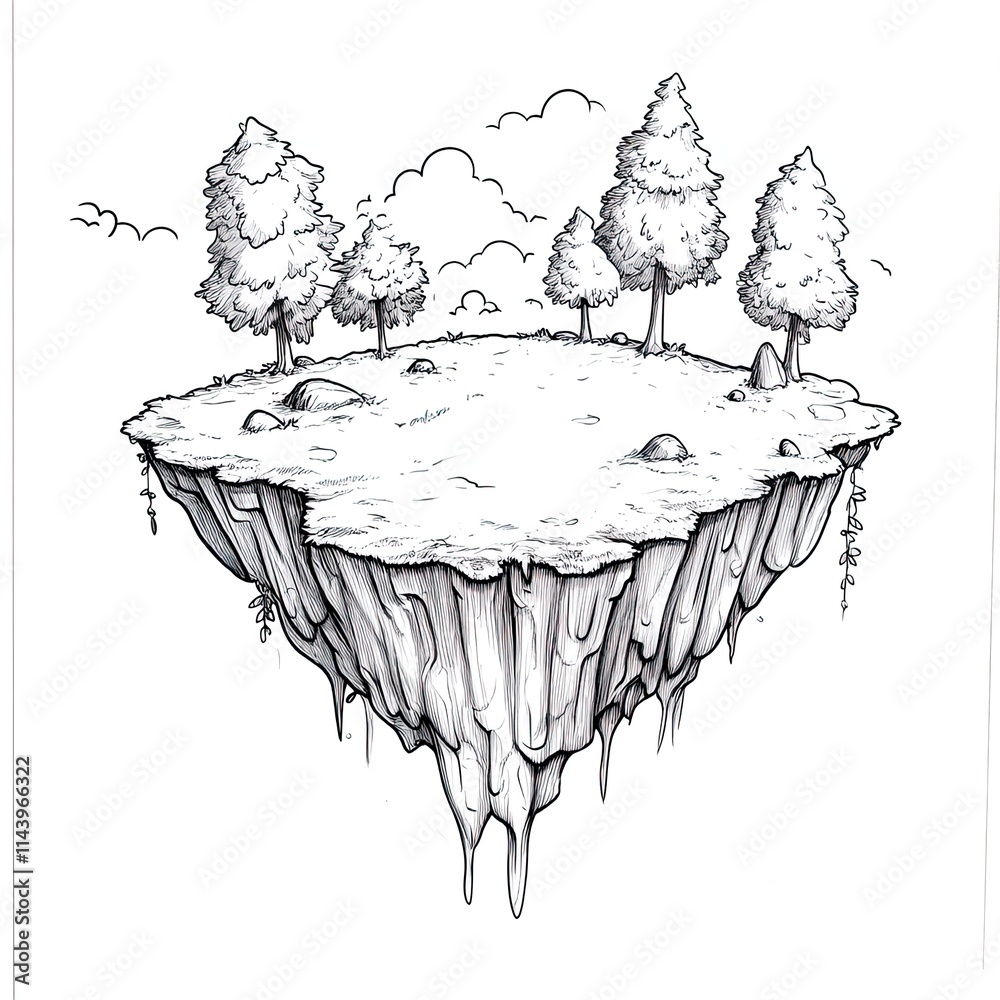 Simple Coloring Page: Floating Island with Trees for Kids' Creativity ...
