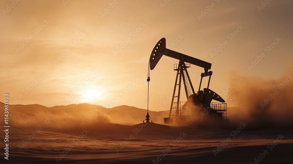 Oil well in operation at sunset, showcasing extraction process amidst ...
