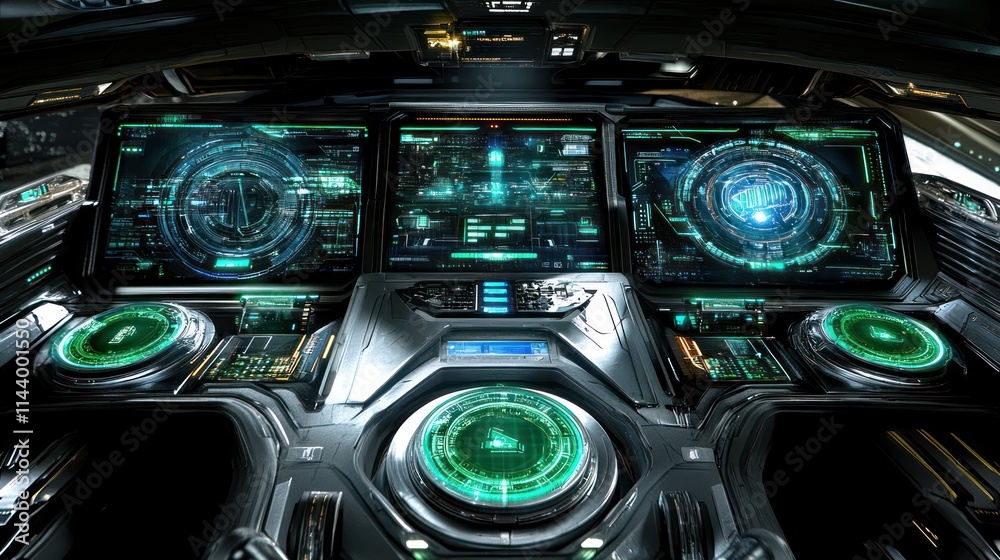 Futuristic spaceship cockpit interior with glowing screens and controls. Stock Photo | Adobe Stock