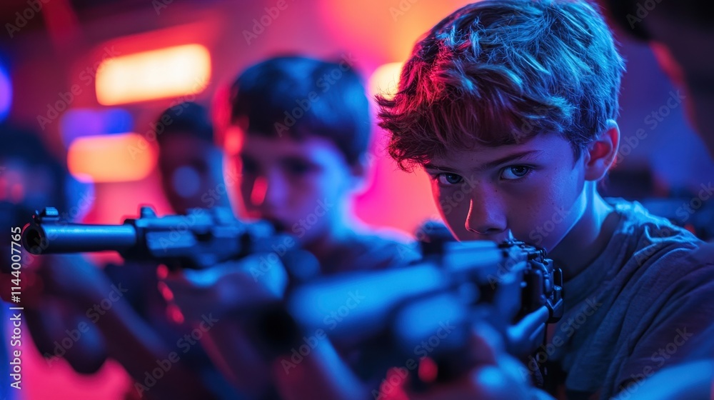 Boy aiming toy gun, neon lights blur background. Illustrates fun ...