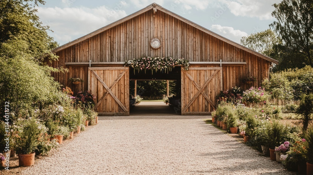 Rustic wooden barn with open doors, flower arrangements, and gravel ...