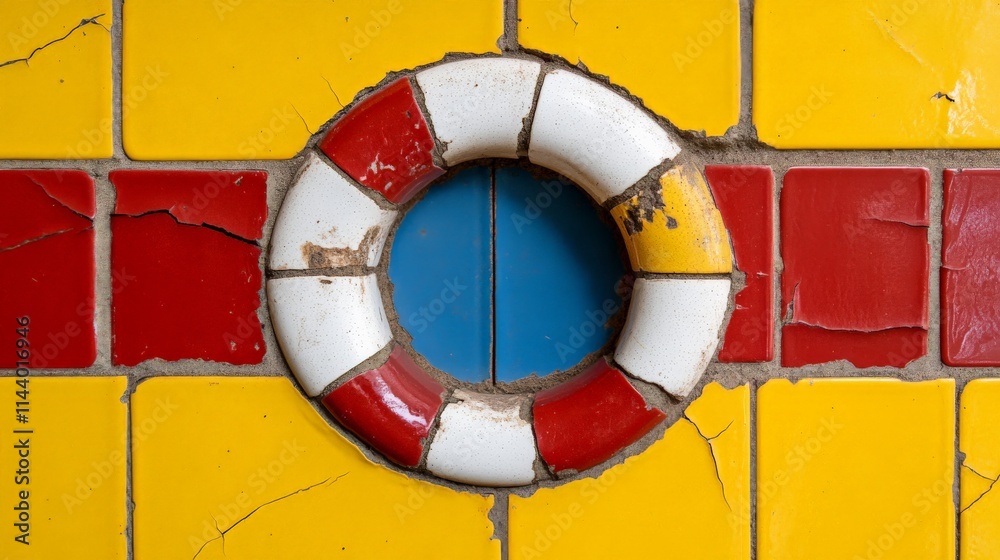 Retro Pool Tile Detail: A close-up shot reveals a vibrant, vintage pool ...