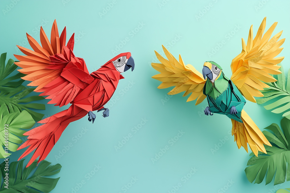 Paper Origami Parrot Duo in Flight and Perch Stock Photo | Adobe Stock