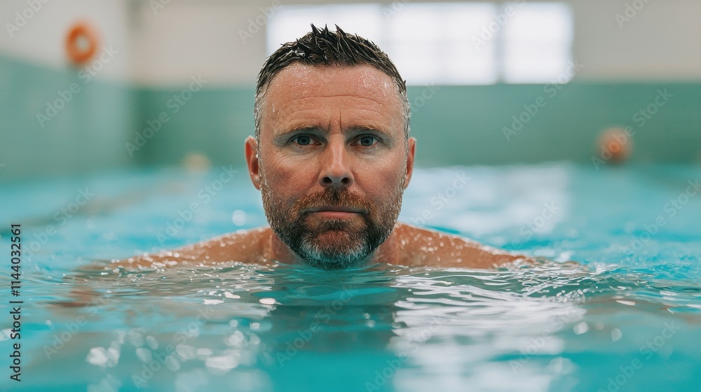 Personal Goals. Man swimming in a pool, focused expression, water ...