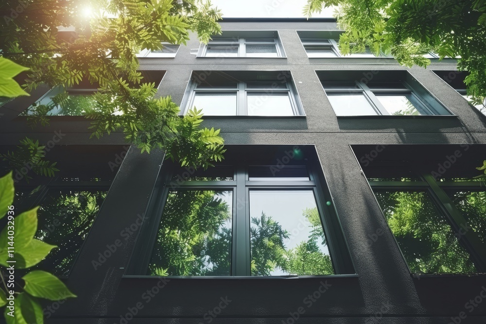 Eco friendly glass office building incorporating trees to reduce carbon ...