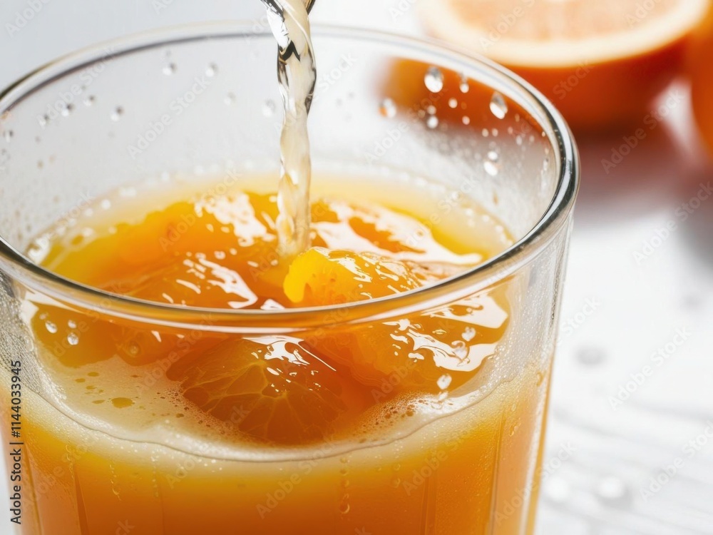 Close-up of a freshly squeezed orange juice glass, focusing on the pulp floating and the ...