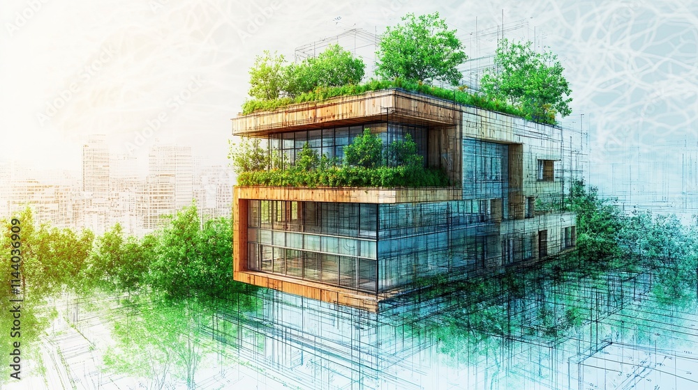 Eco-friendly construction sustainable building practices architectural blueprints illustrating ...