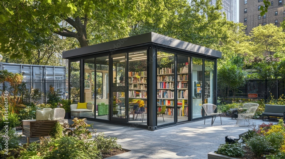 Modern glass library kiosk in a park setting with bookshelves and ...