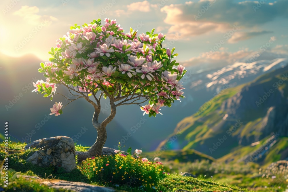 Human brain tree blossoming with flowers embracing self care and ...