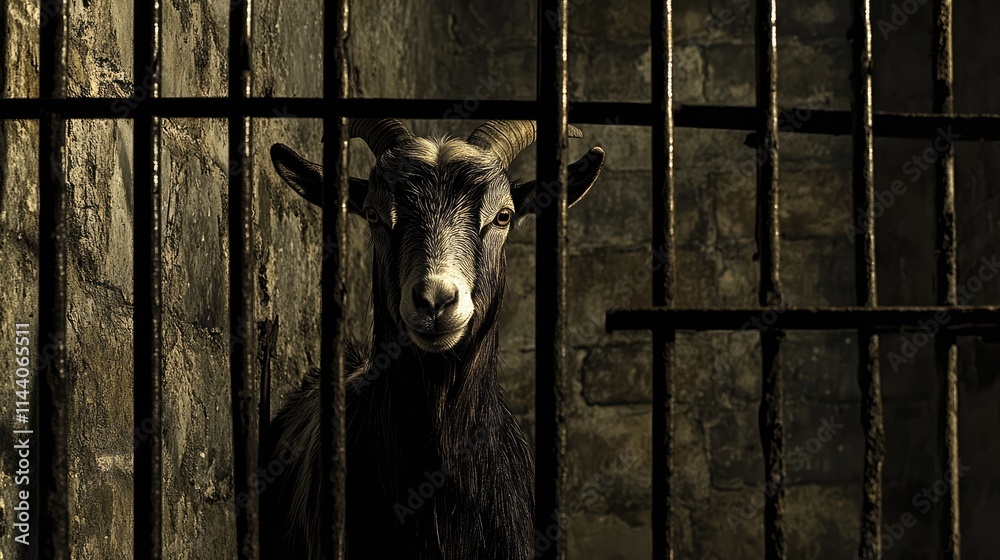 Goat Behind Bars in a Dark Cell Illustrating Confinement and Animal ...