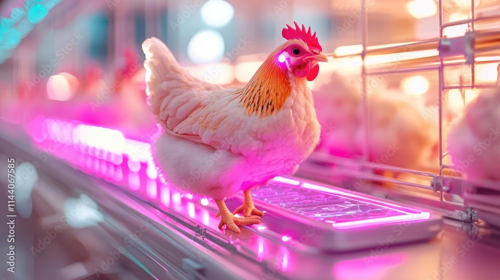 Animal feed business poultry concept. Automated chicken coop, neon-lit ...