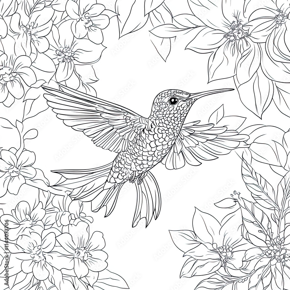 Simple Hummingbird and Flower Coloring Page for Kids, Easy Illustration ...