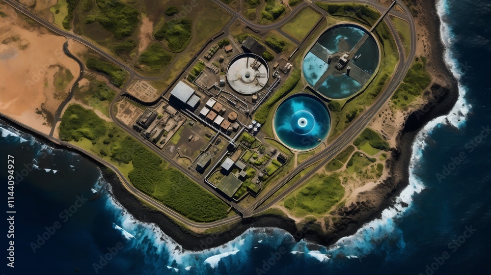 Aerial satellite imagery of a coastal desalination plant facility and ...