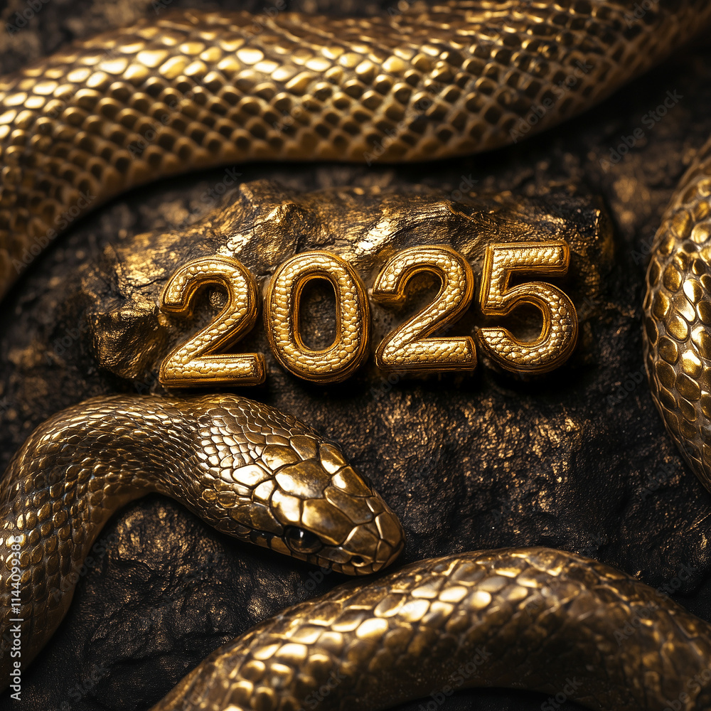 Golden snake surrounds the number 2025. Chinese calendar: year of the ...