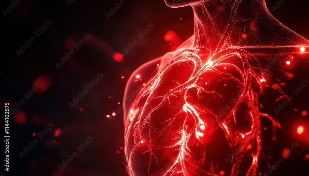 Abstract depiction of a human chest glowing red with pulsating veins ...