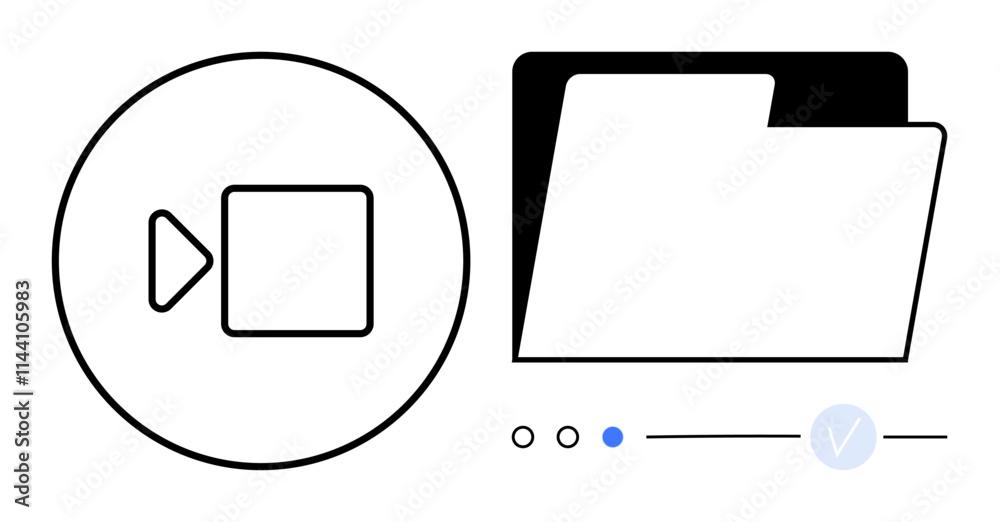 Video file icon, folder for documents, loading indicator with blue dot ...