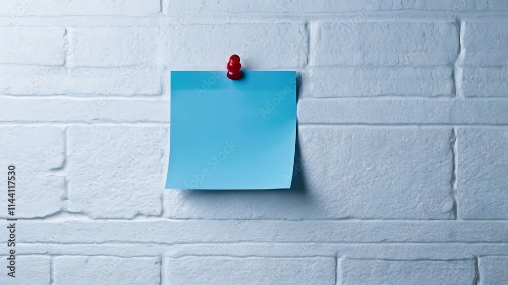 Blue blank empty sticky note pin to white brick wall with red clip ...