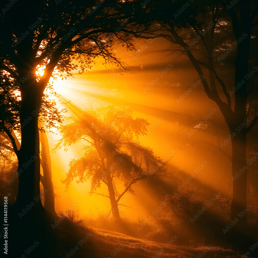 Warm golden light intensely illuminates a dramatic nature scene of ...