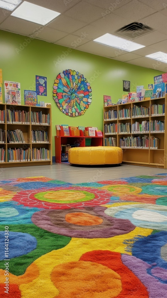Classroom with colorful posters and bookshelves, creating a warm and ...