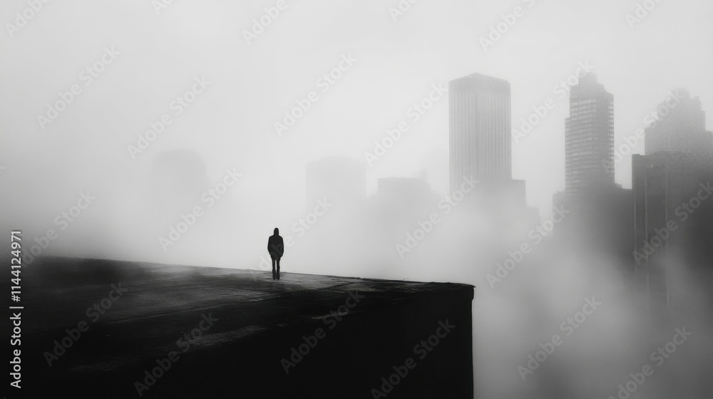 Shadowy figure standing alone on a rooftop, city skyline faintly ...