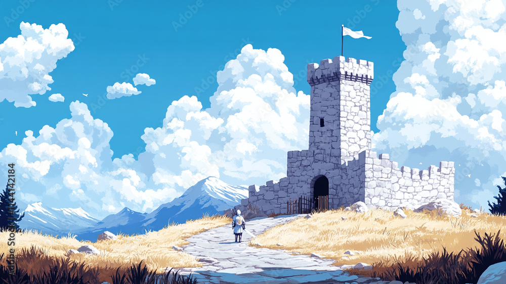 8-bit pixel art medieval castle landscape, rolling hills, stone walls ...