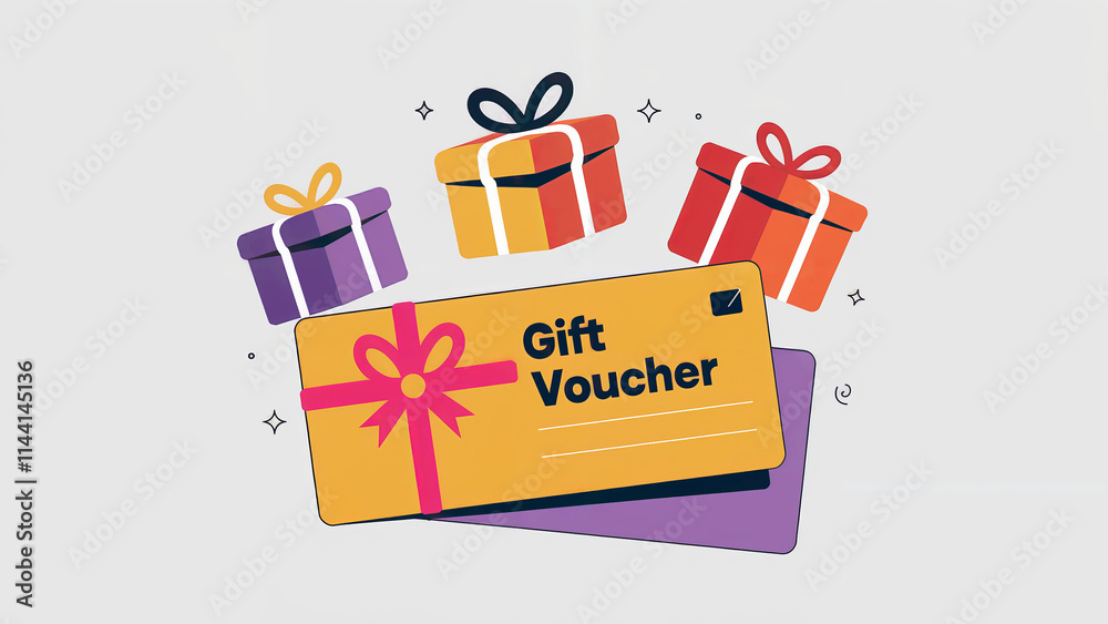 Colorful Gift Voucher Design with Wrapped Presents, Ribbons, and ...
