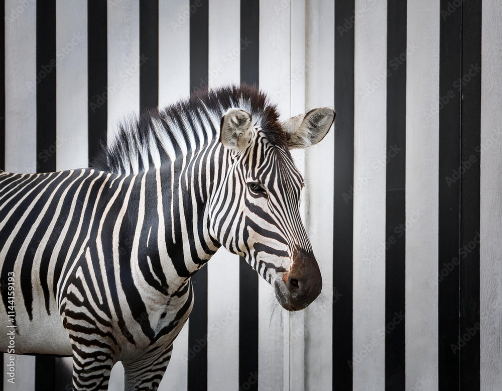 zebra close up animal side view, front wooden black and white stripes ...