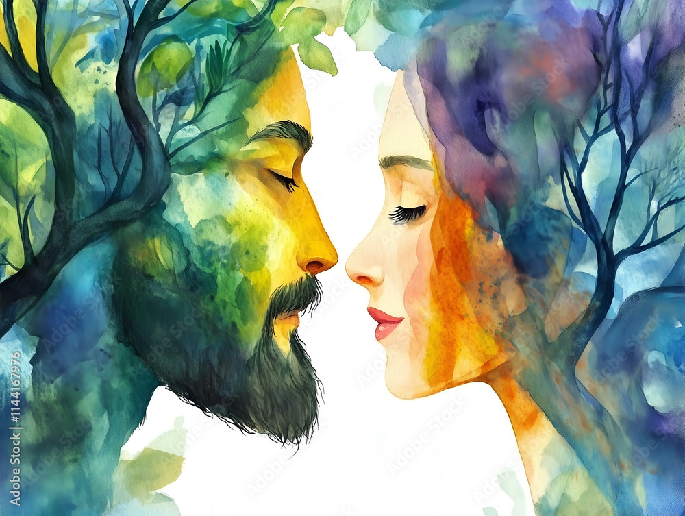Watercolor depiction of two figures blending with nature in a biblical ...