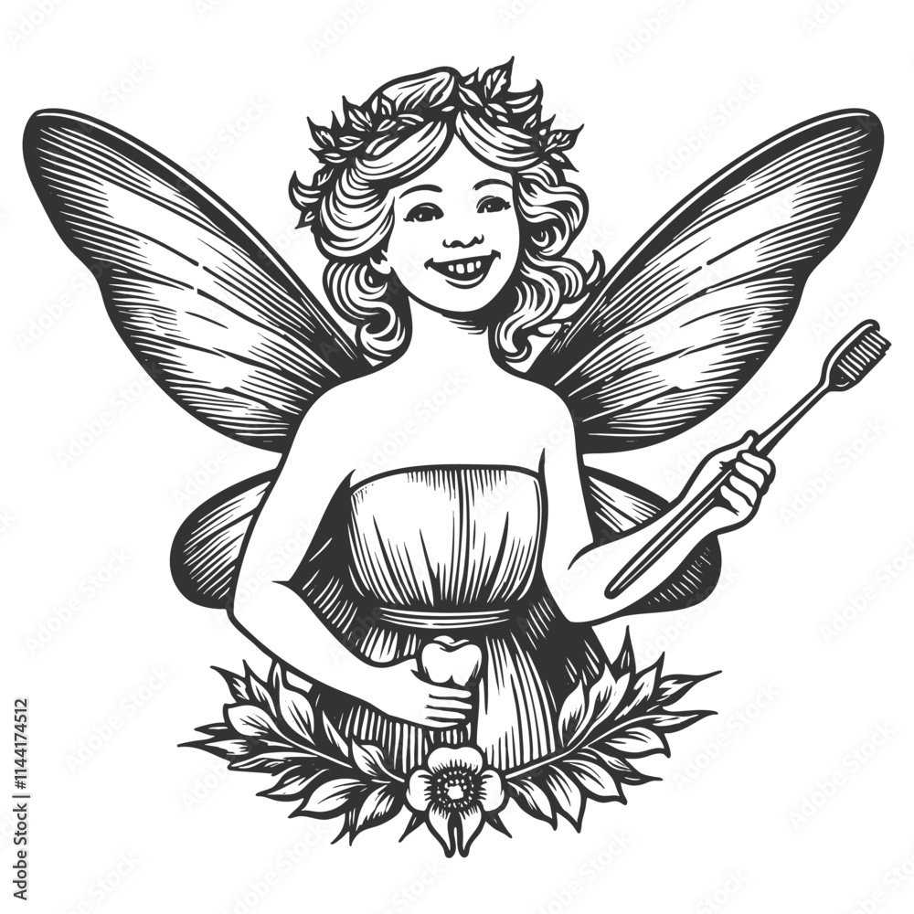 tooth fairy holding a toothbrush and tooth, surrounded by elegant ...