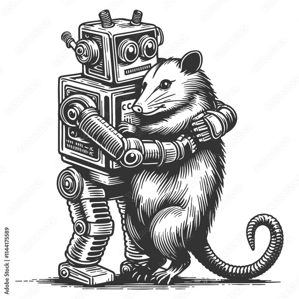 robot affectionately embracing a possum, amusing and heartwarming ...