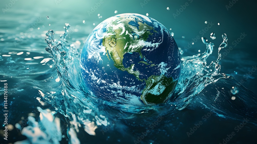 Realistic 3D Illustration Of Earth Surrounded By Flowing Water ...