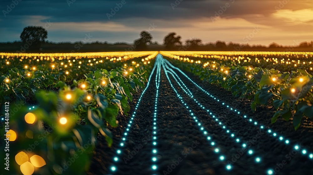 Smart farm night digital grid overlay enhancing crop rows showing how advanced tech like IoT ...